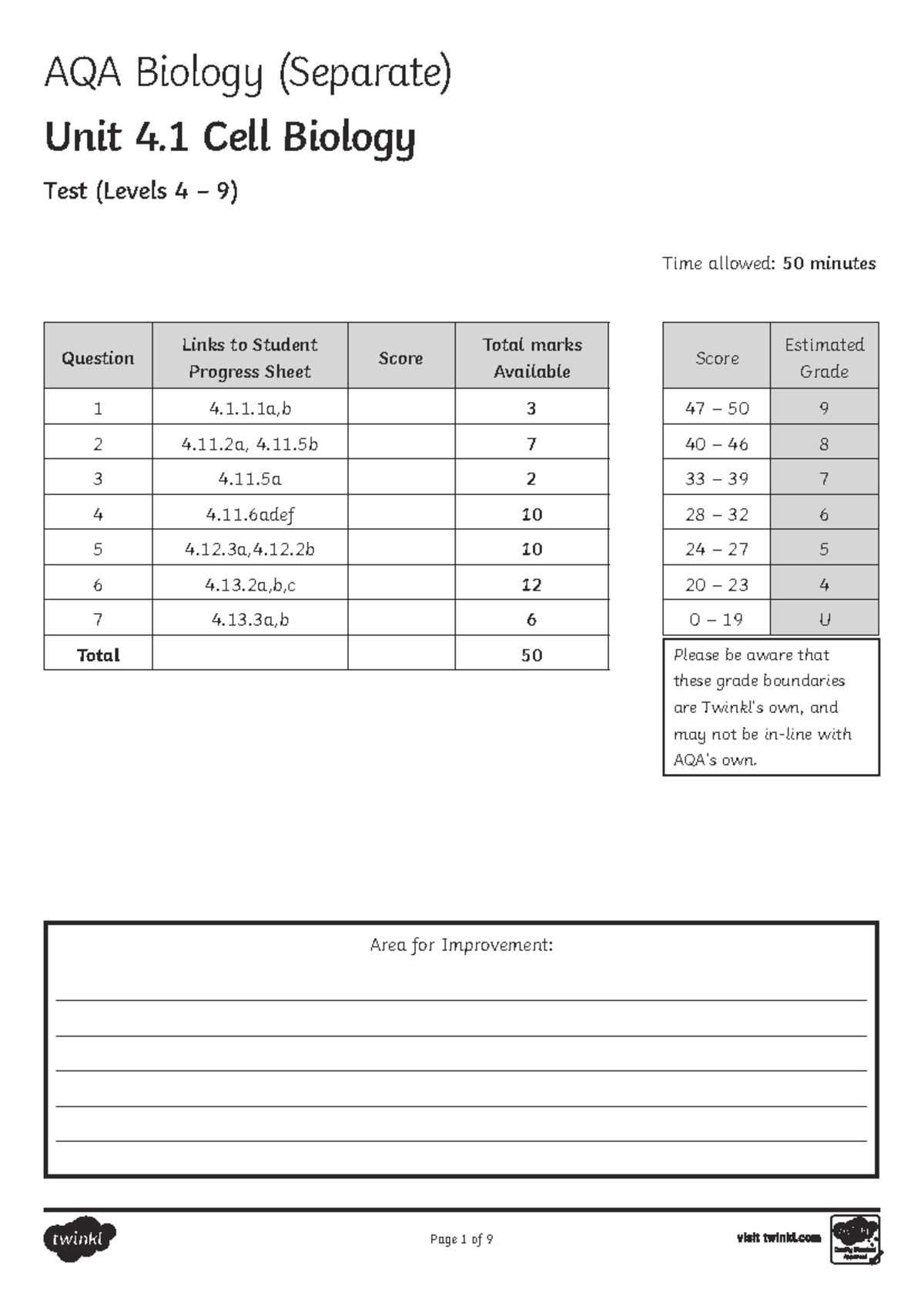 AQA Biology (Separate) Unit 4.1 Cell Biology Test Review - Studocu