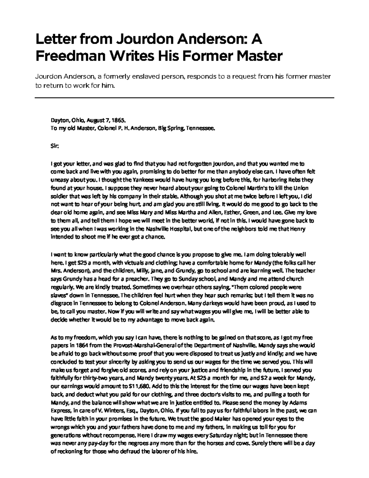 Letter from Jourdon Anderson A Freedman Writes His Former Master ...
