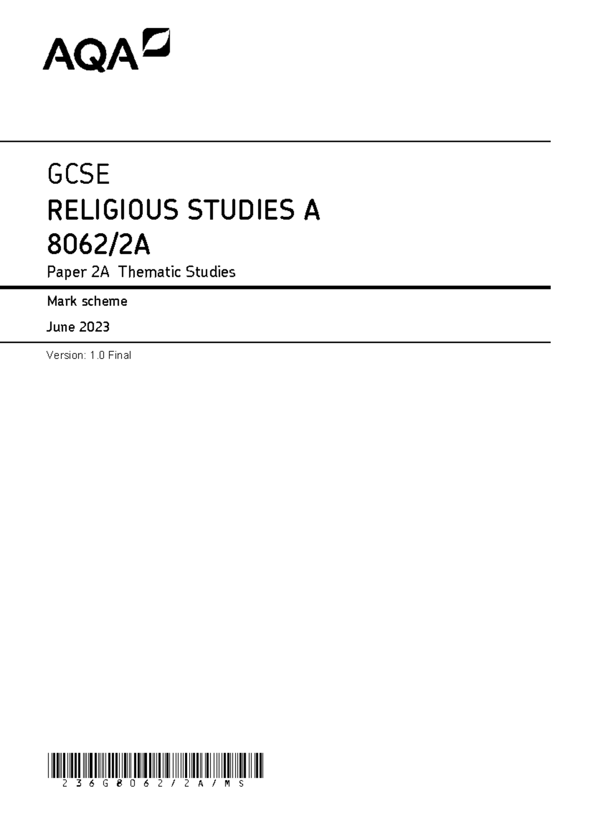 AQA 80622 A MS JUN23 - GCSE Religious Studies A Paper 2A Mark Scheme ...