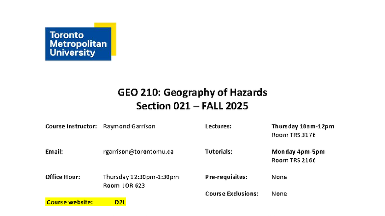 GEO 210: Geography of Hazards Course Outline - FALL 2025 - Studocu