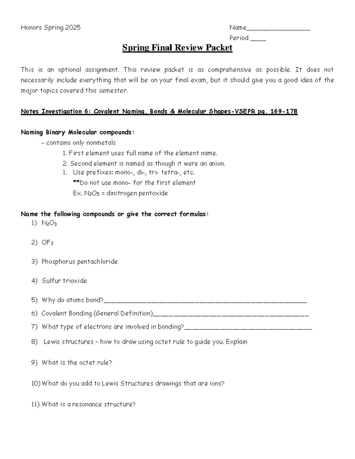 Honors Chemistry Spring 2025 Final Exam Review Packet - Studocu