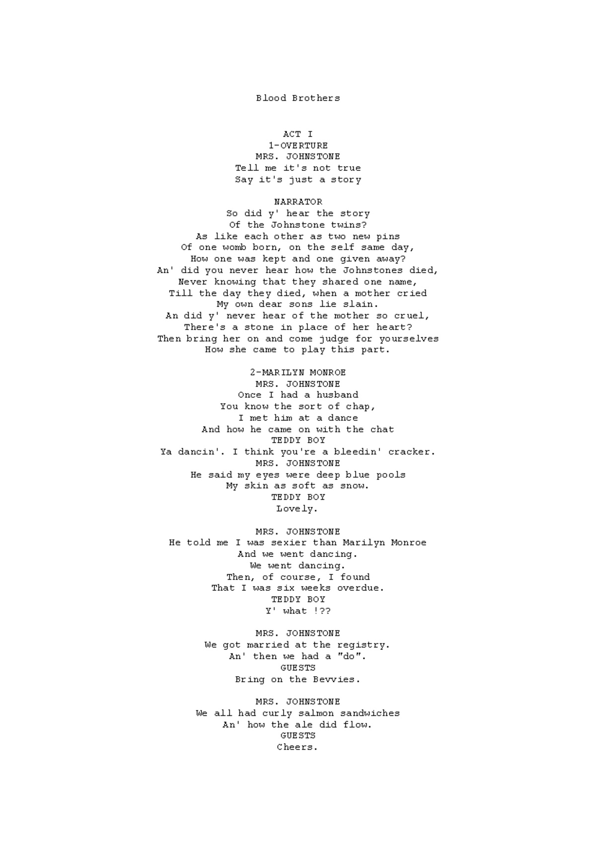 Blood Brothers Script Analysis and Breakdown - Studocu