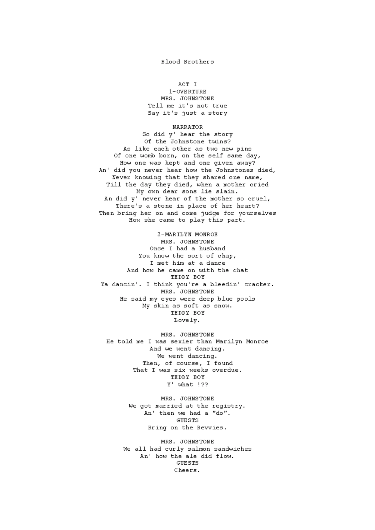 Blood Brothers Script Analysis and Breakdown - Studocu