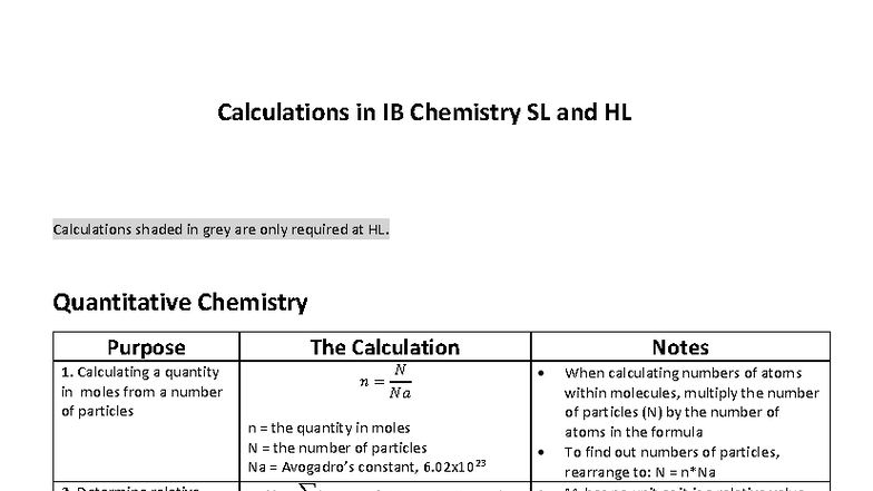 Calculations for IB Chemistry SL & HL: Key Concepts and Methods - Studocu