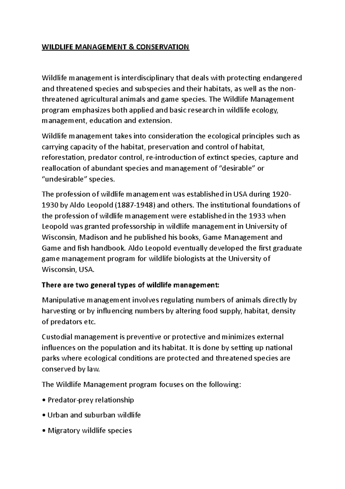 Wildlife Management - Lecture Notes on Conservation & Techniques - Studocu