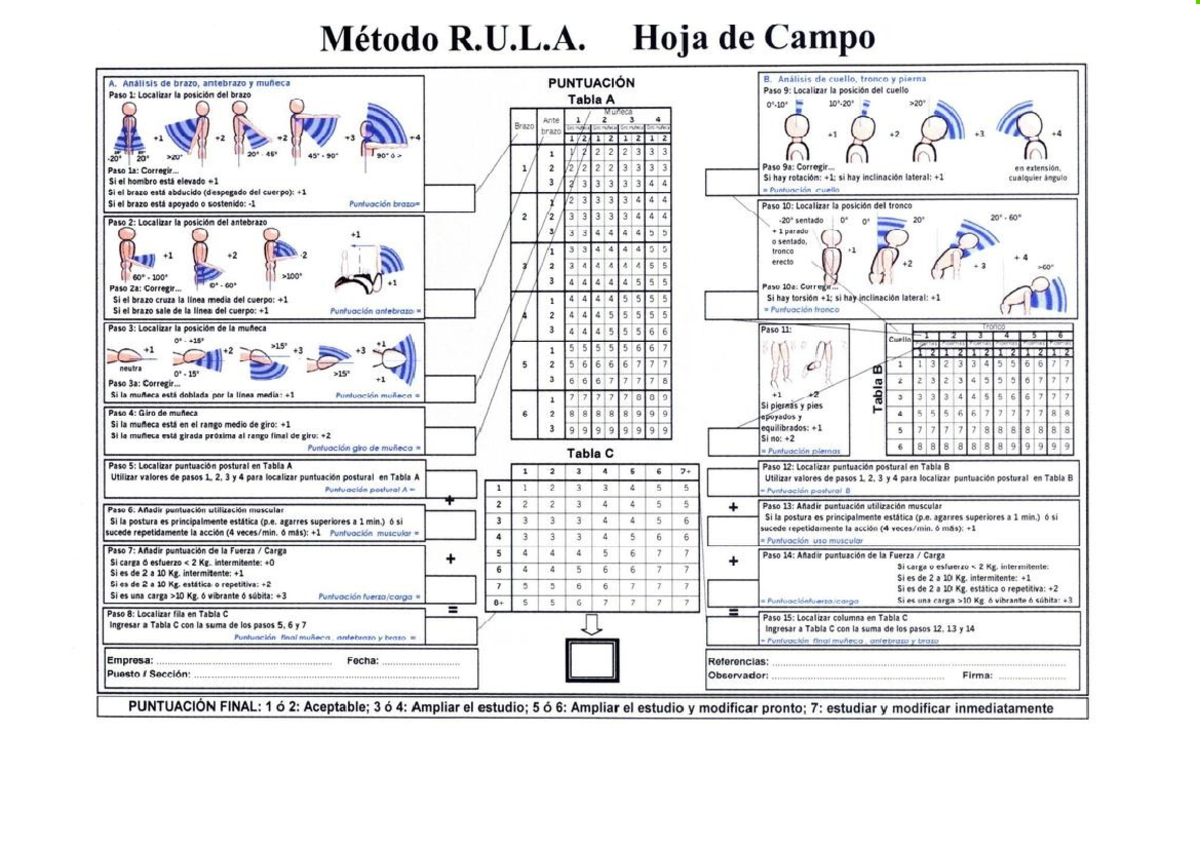 Método R.U.L. Hoja de Campo: Evaluación de Postura y Puntuación - Studocu