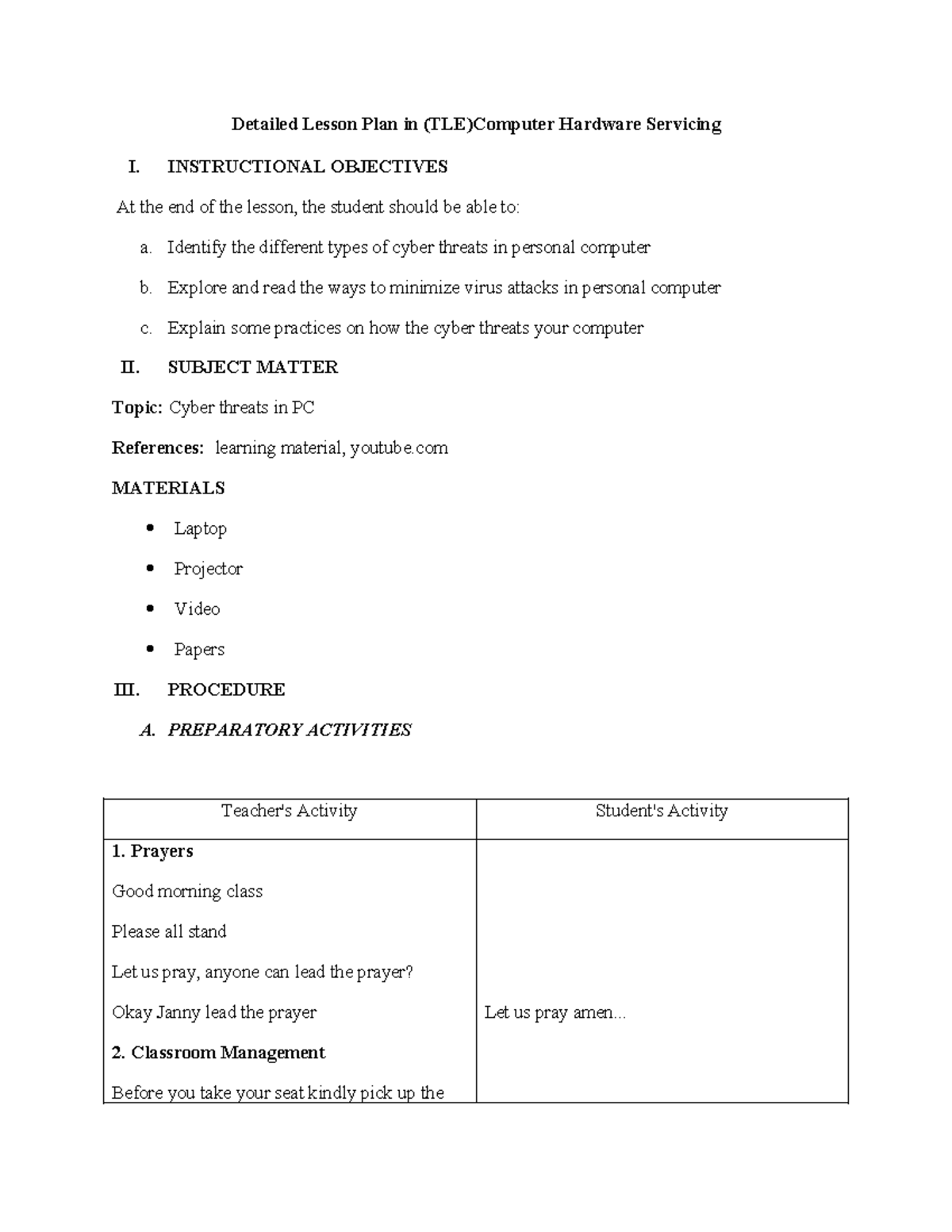 Detailed Lesson Plan: TLE Cyber Threats in Computer Hardware Servicing ...