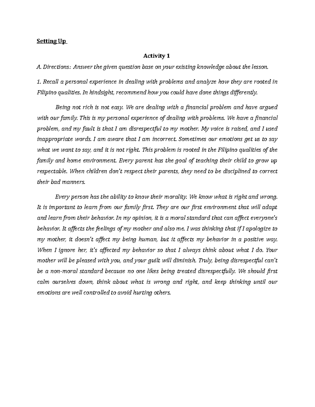 Ethics Activity 1 - Setting Up Activity 1 A. Directions: Answer the ...