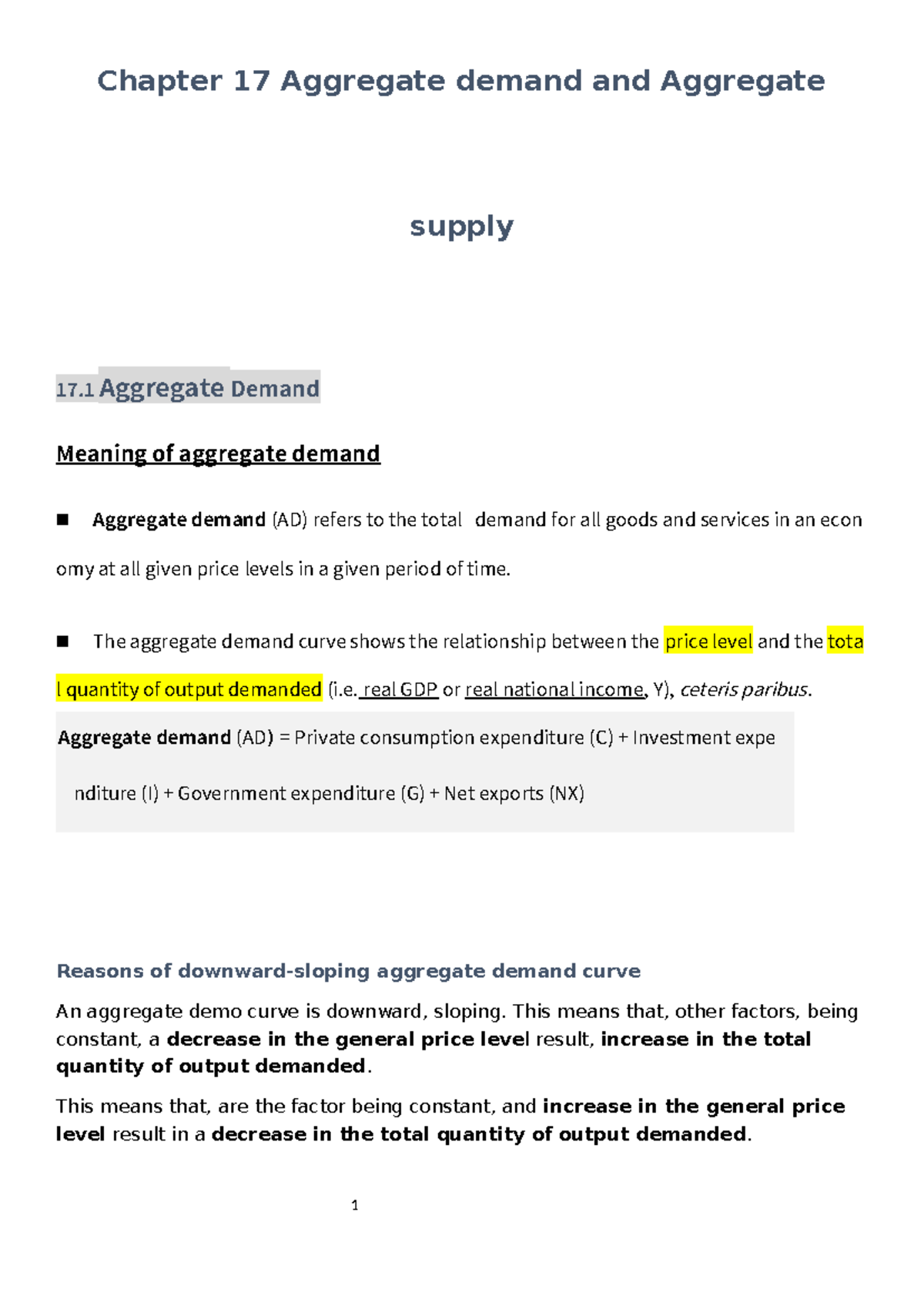 CH17 Teaching Notes: Aggregate Demand & Supply Concepts - Studocu