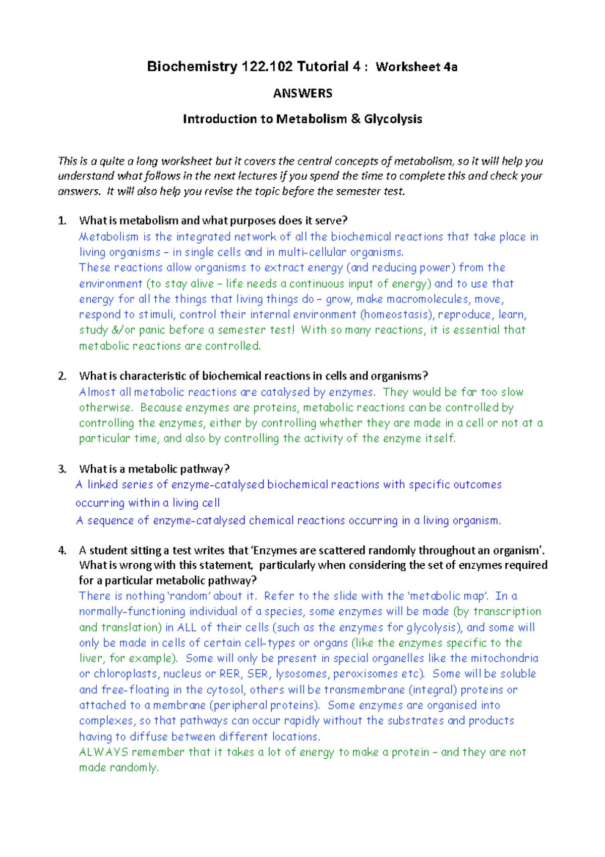 Week 4 Worksheet 4a Intro to metab answers - Biochemistry 122 Tutorial ...