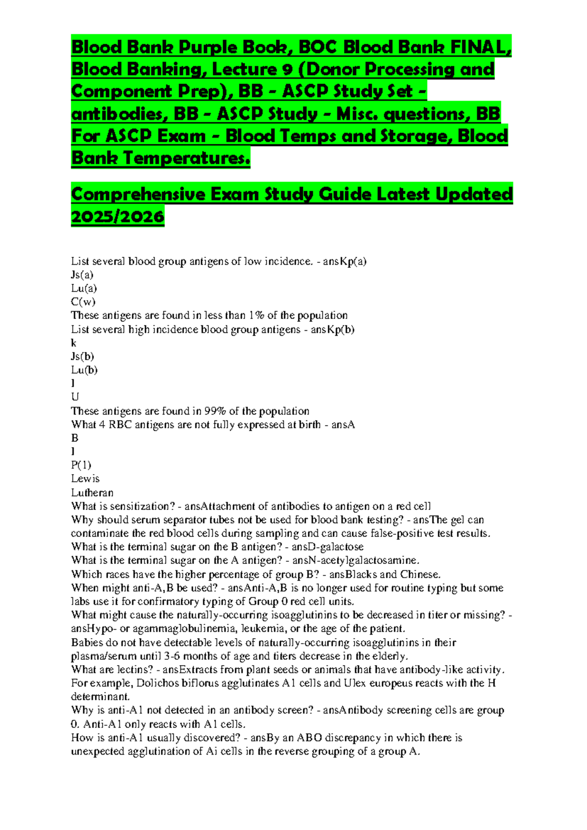 Blood Bank Purple Book, BOC Blood Bank FINAL Study Guide 2025 - Studocu