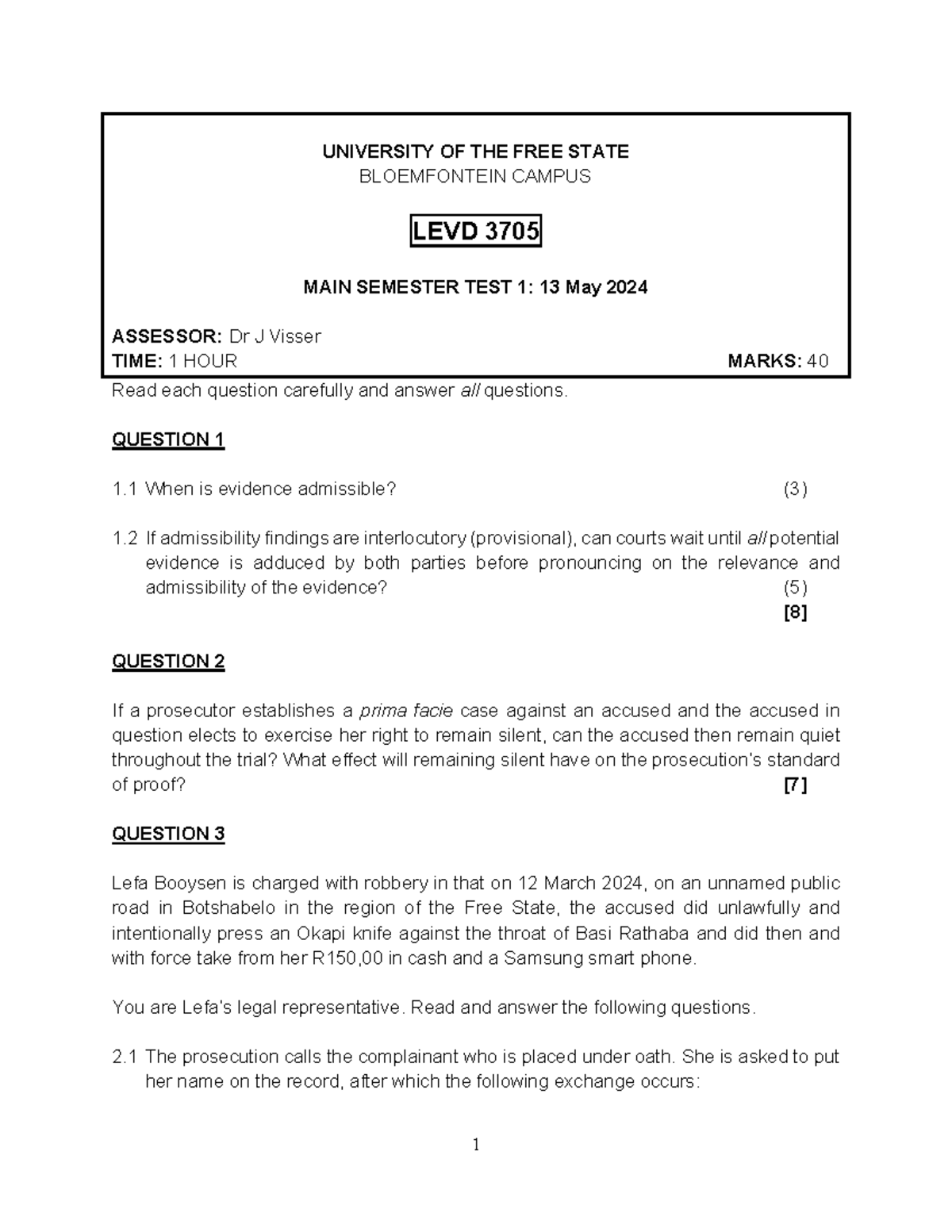 LEVD 3705 MAIN SEMESTER TEST 1: Legal Evidence & Admissibility - Studocu