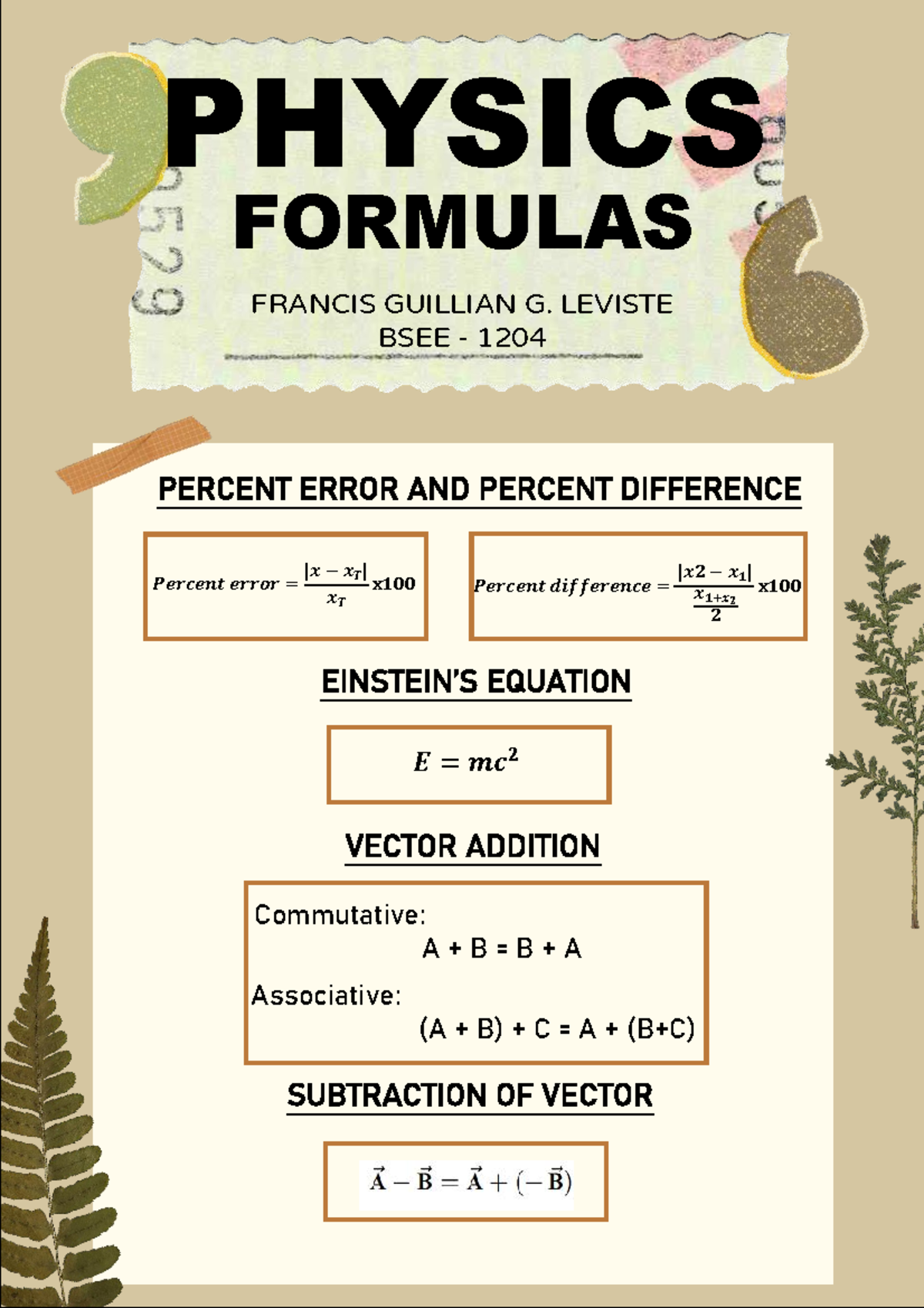 Levispdf - Formulas for physics - PHYSICS FORMULAS PERCENT ERROR AND ...