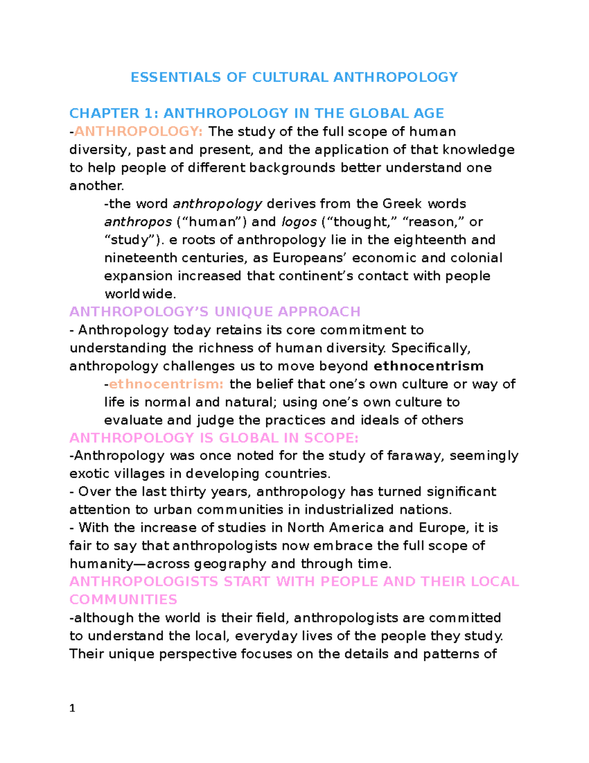 Anth 101: Chapter 1 Summary - Understanding Cultural Anthropology - Studocu