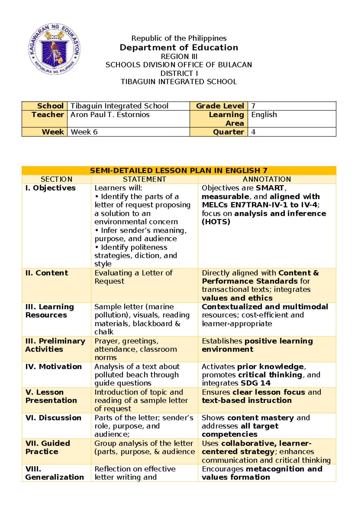 ENG7 Quarter 4 Week 6 Lesson Plan: Analyzing Letters - Studocu