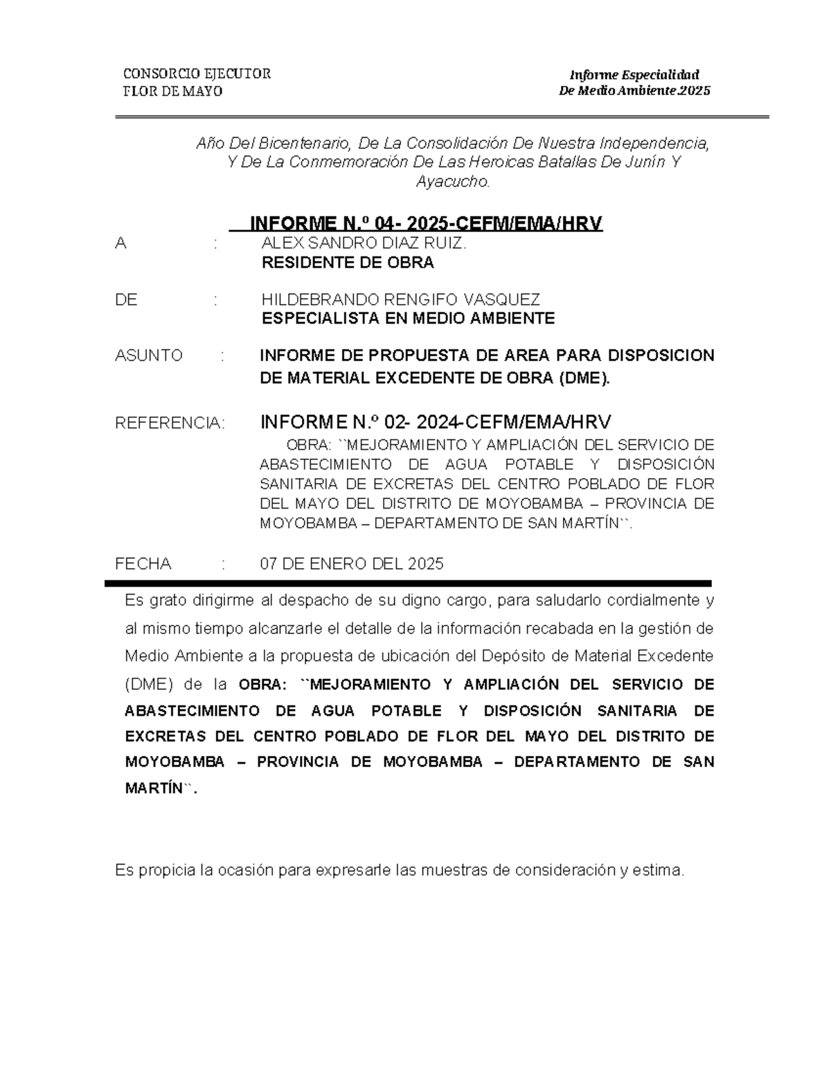 Informe N.º 04- 2025-CEFM/EMA/HRV: Propuesta de DME en Moyobamba - Studocu