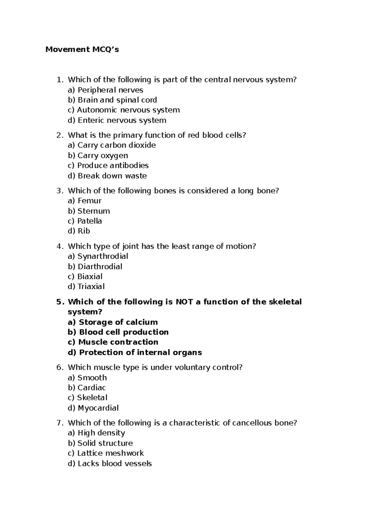Movement MCQ: Central Nervous System, Muscle Function & Anatomy - Studocu