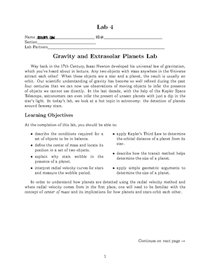 Lab 4 - Keplers 3 laws-1 - Lab assignment (received full points) - NAME ...