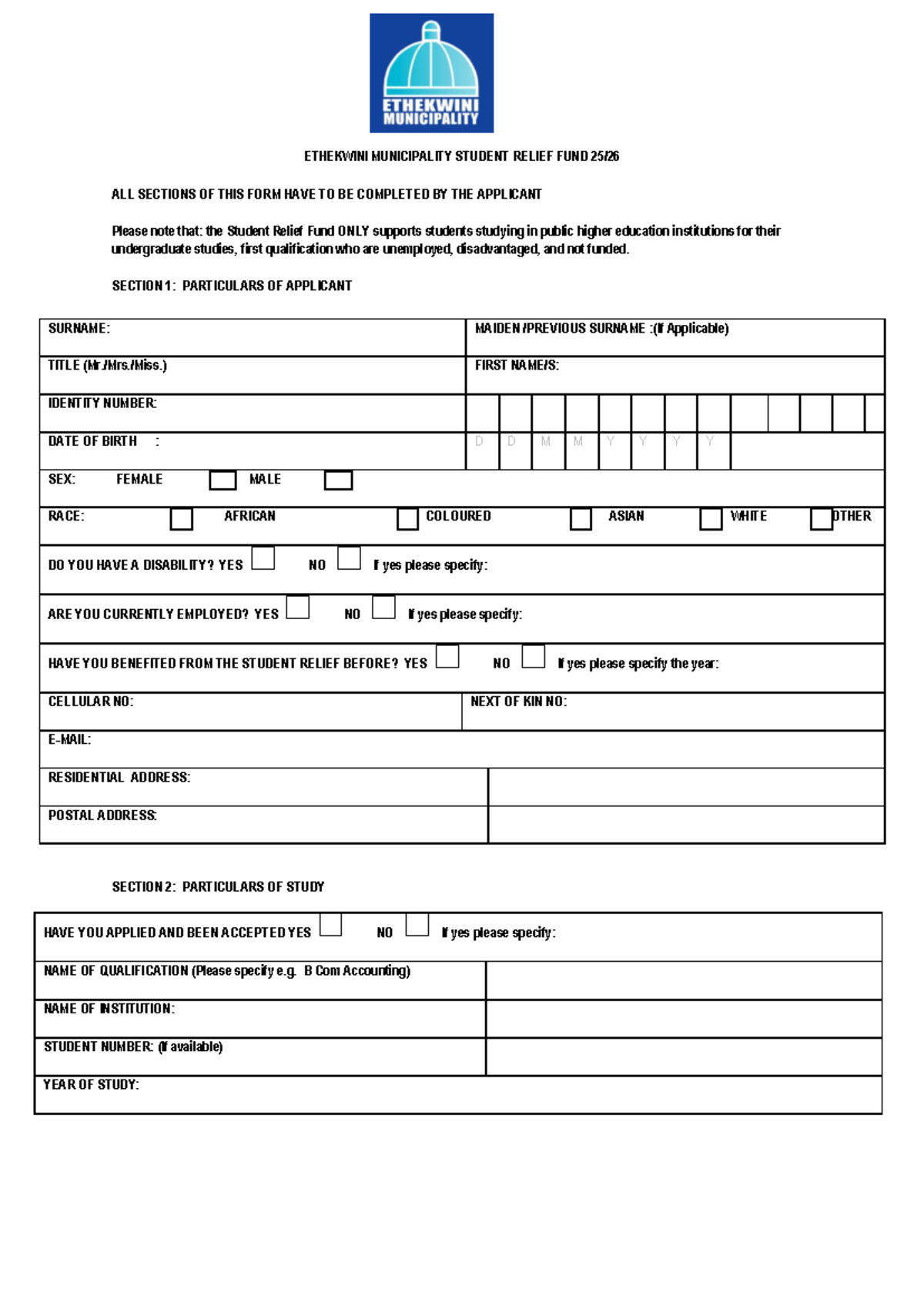 ETHEKWINI MUNICIPALITY STUDENT RELIEF FUND APPLICATION FORM - Studocu