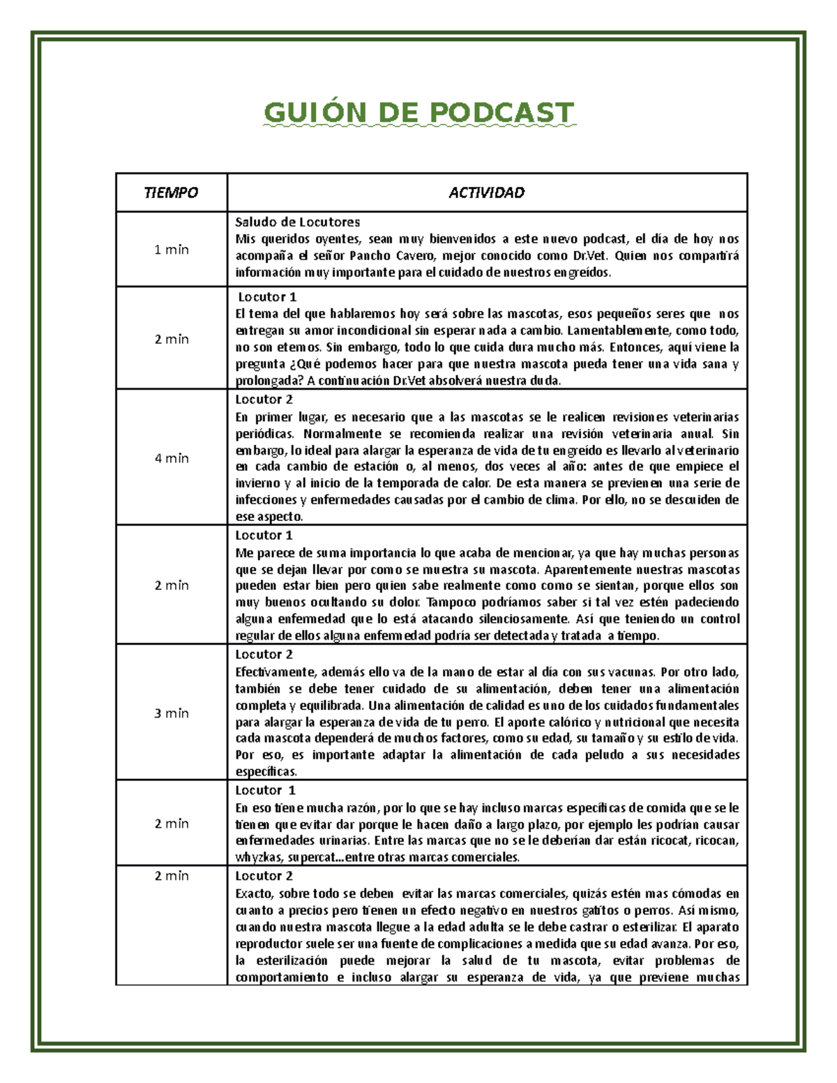 Guion DE Podcast - GUI ÓN DE PODCAST TIEMPO ACTIVIDAD 1 min Saludo de Locutores Mis queridos ...