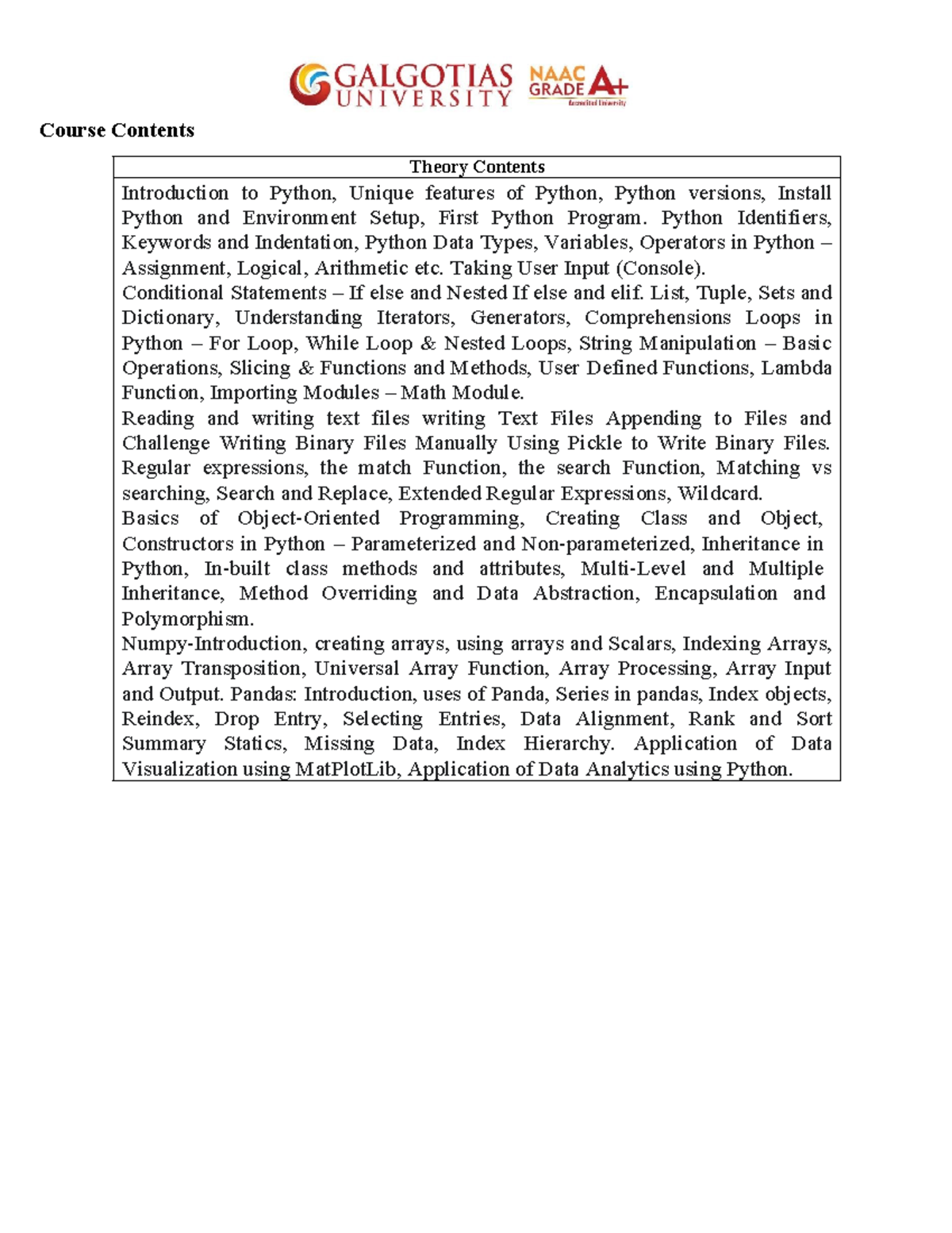 Programming in Python - Course Contents Theory Contents Introduction to ...