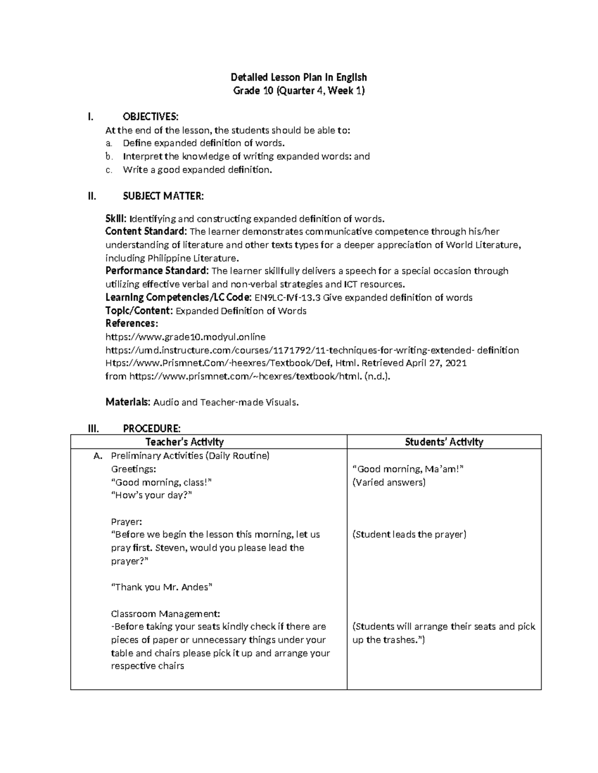 626670705 Lesson Plan: Expanded Definition of Words for Grade 10 - Studocu