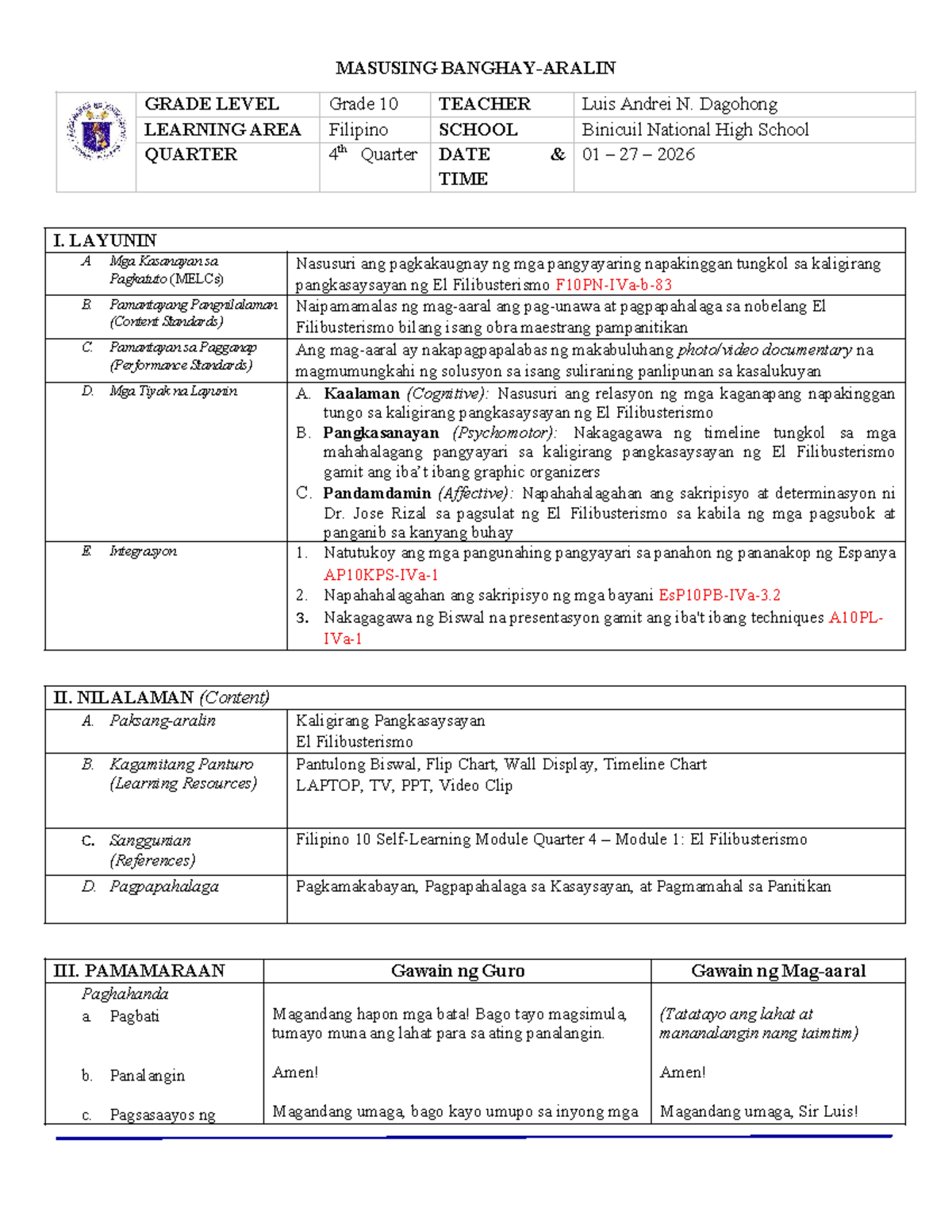FIL 10 Q4 L1 - Lesson Plan on El Filibusterismo and Its Historical ...