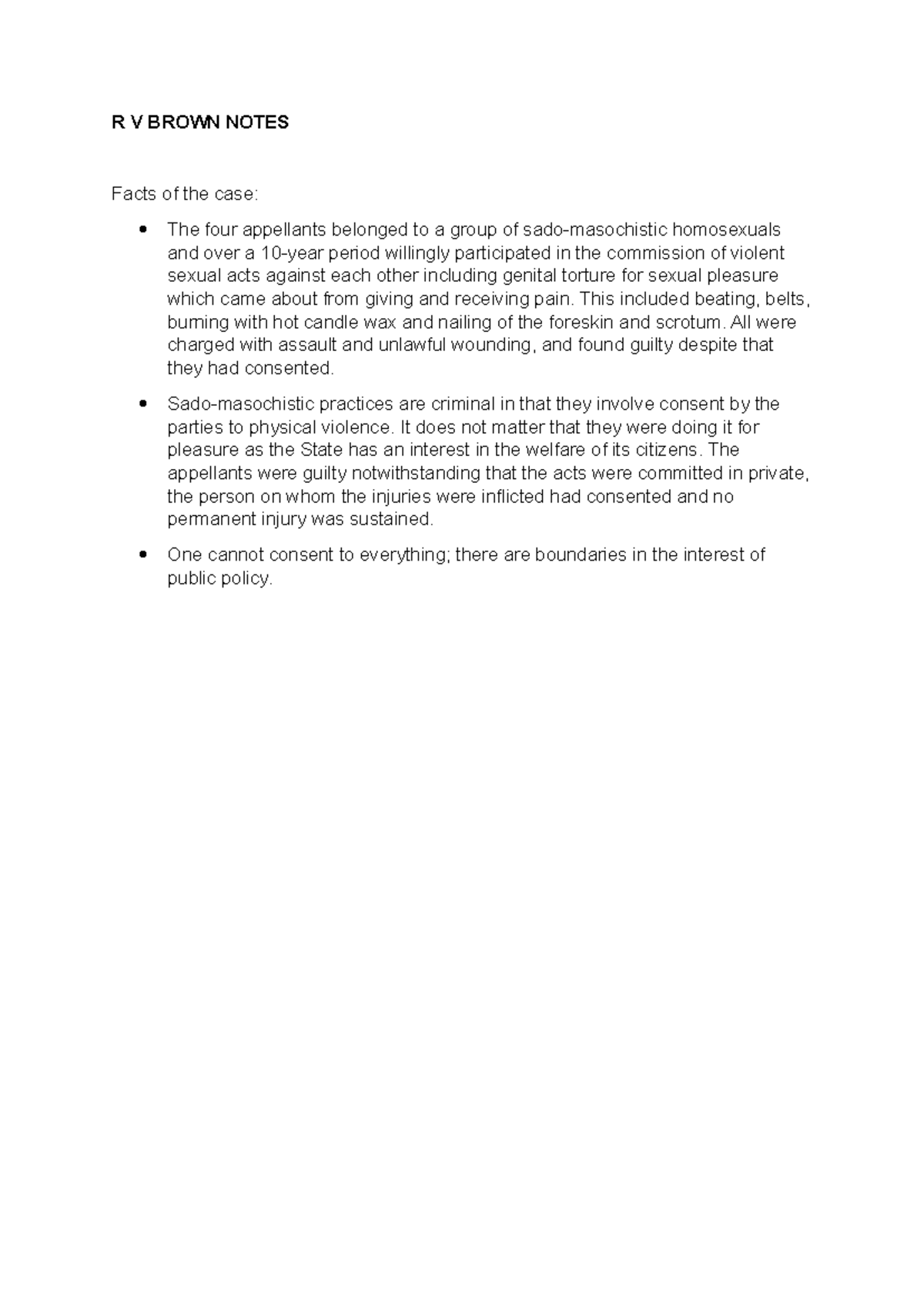 R V BROWN NOTES - R V BROWN NOTES Facts of the case: The four ...