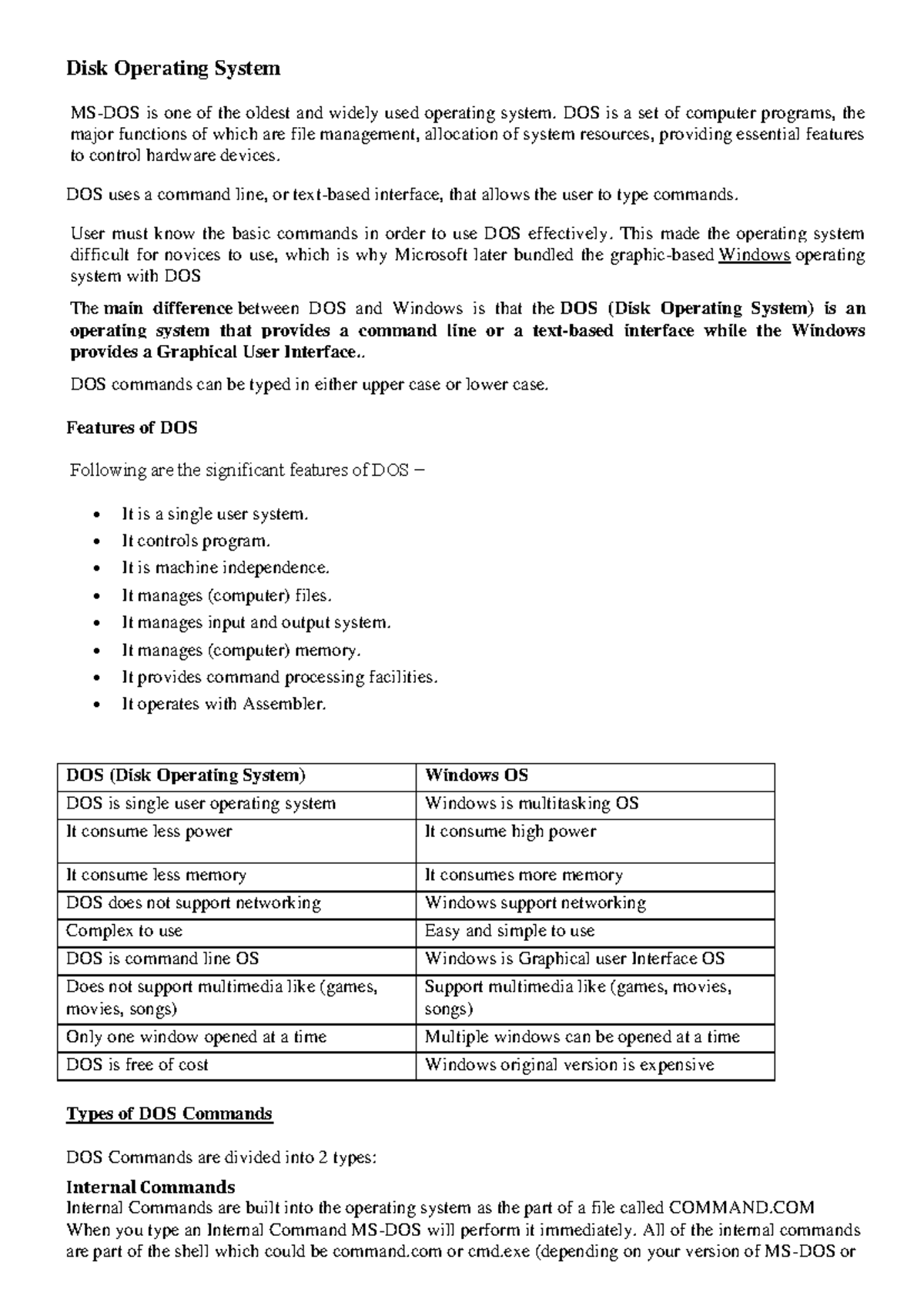 ITC - DOS Overview: Features, Commands, and Comparisons with Windows ...