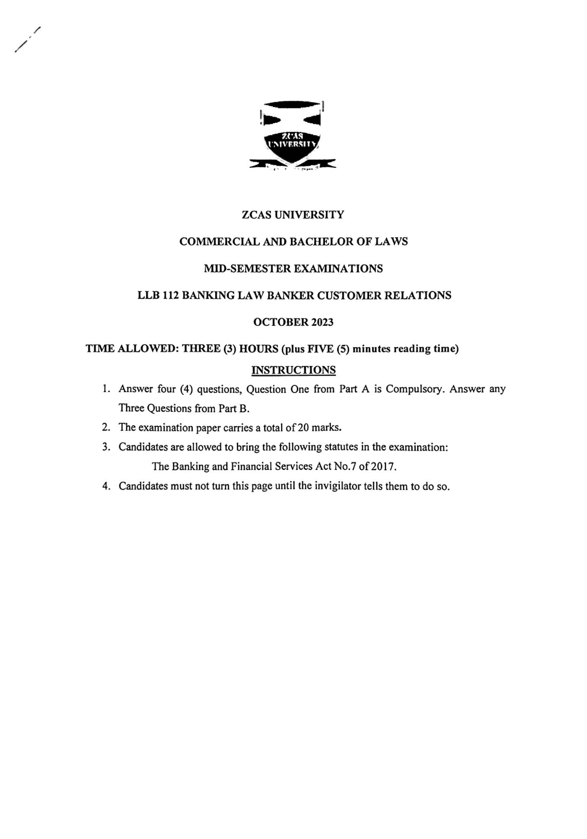 LLB 112 - Banking Law Exam: Banker-Customer Relations (Oct 2023) - Studocu