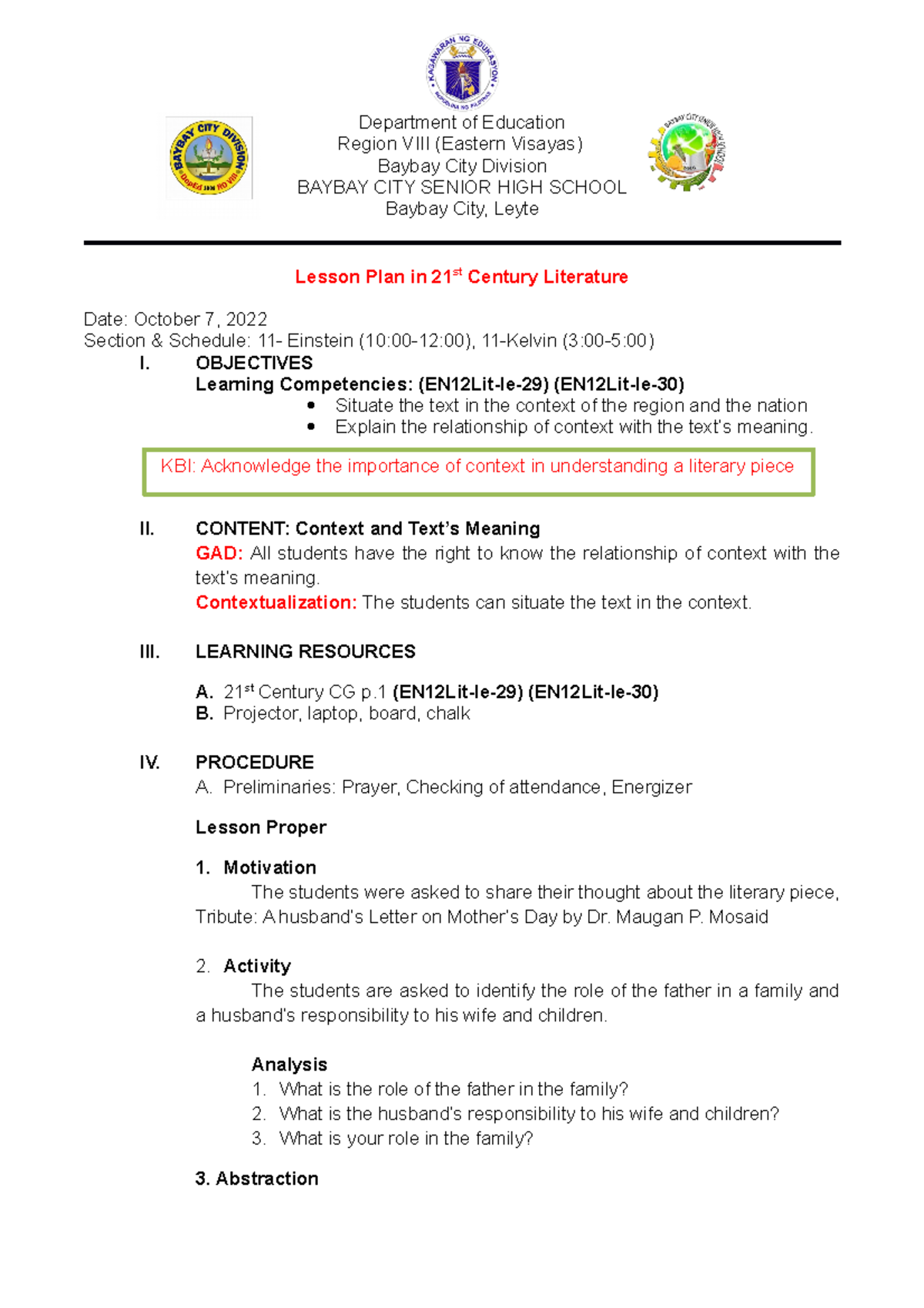 Literary elements - Lesson Plan - Department of Education Region VIII ...