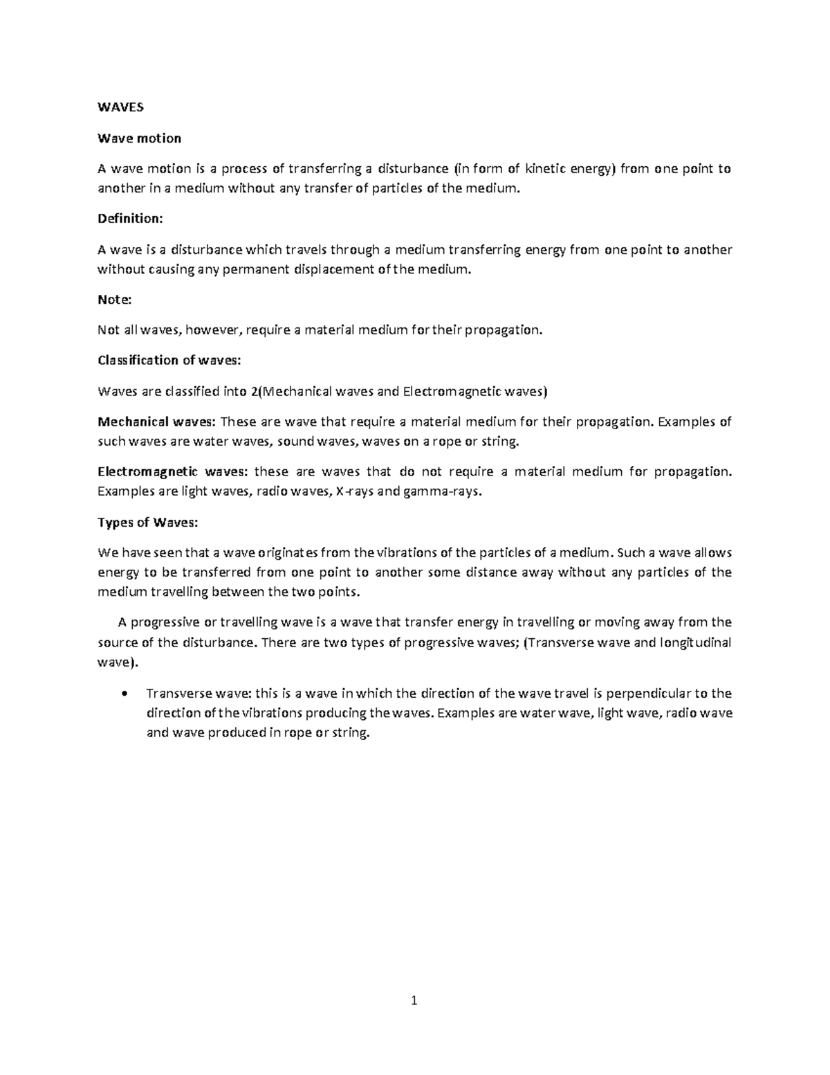 General Physics 1B Lecture Notes: Wave Motion and Light Reflection ...