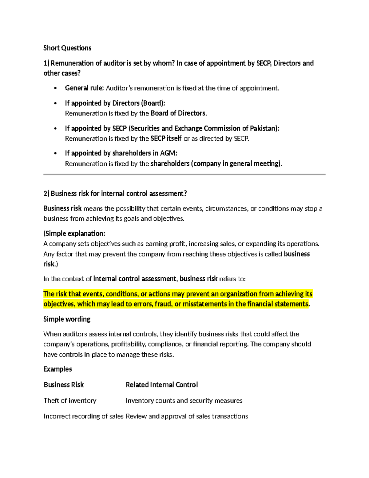 Short Questions on Audit Risk Assessment & Internal Controls (ACCT 101 ...
