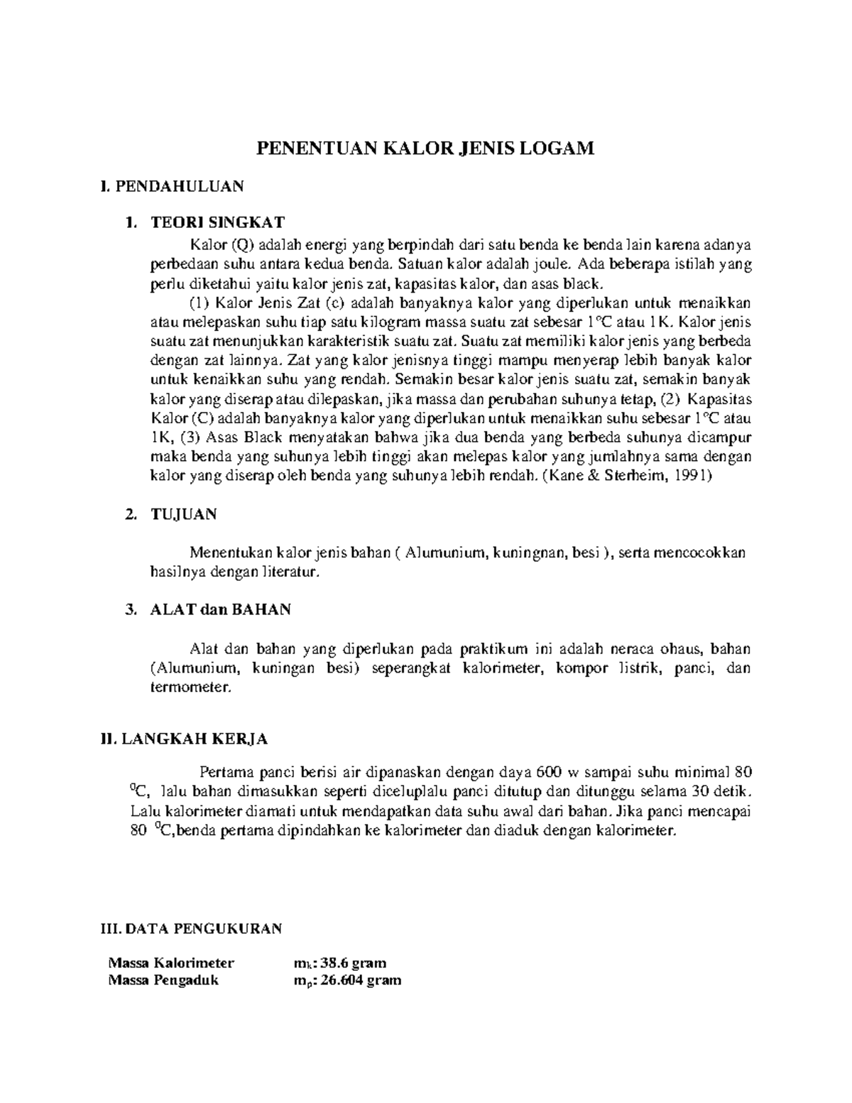 PENENTUAN KALOR JENIS LOGAM: ALUMUNIUM, KUNINGAN, DAN BESI - Studocu
