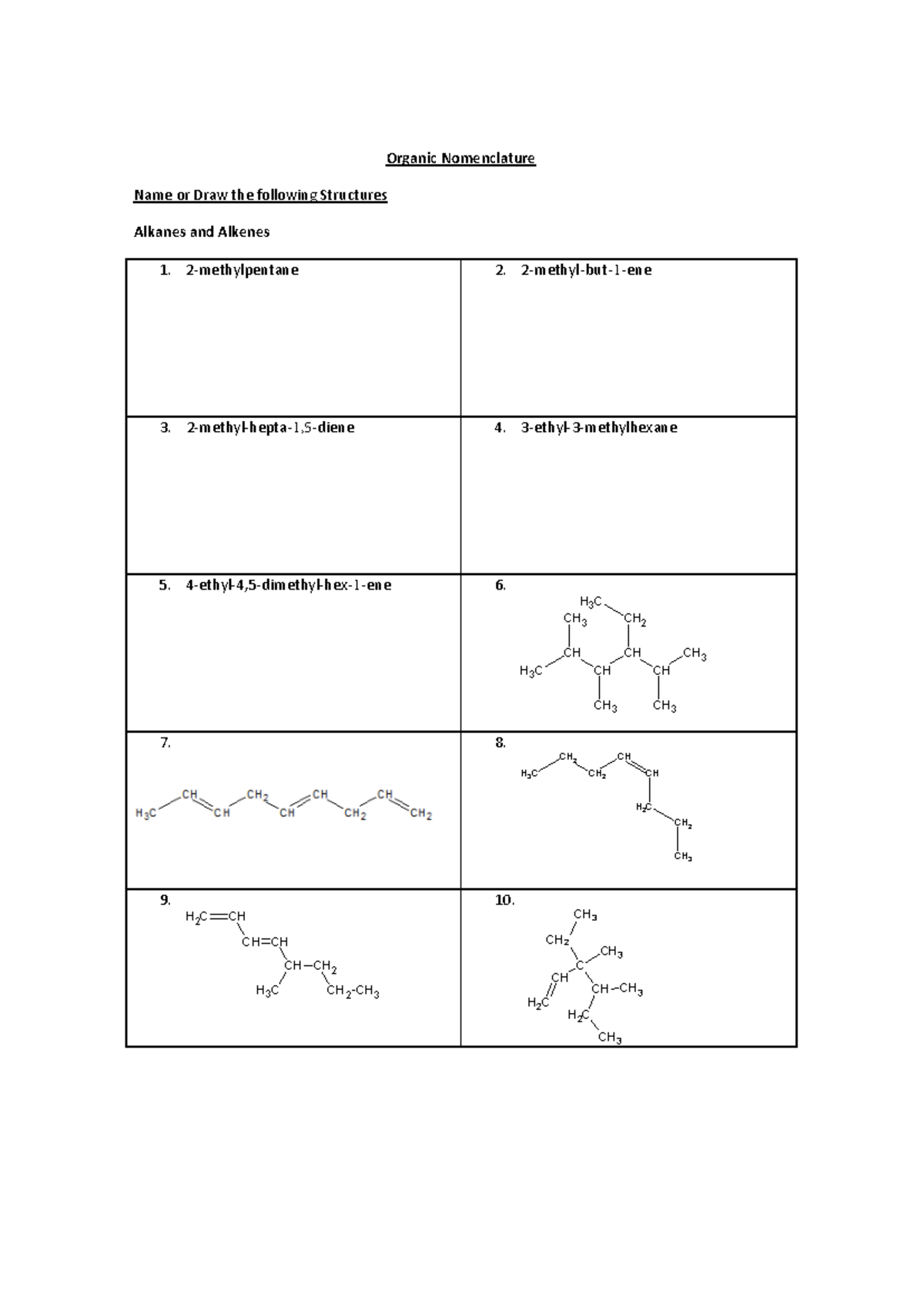Worksheet - Organic Nomenclature No answers-1 Copy - Organic ...