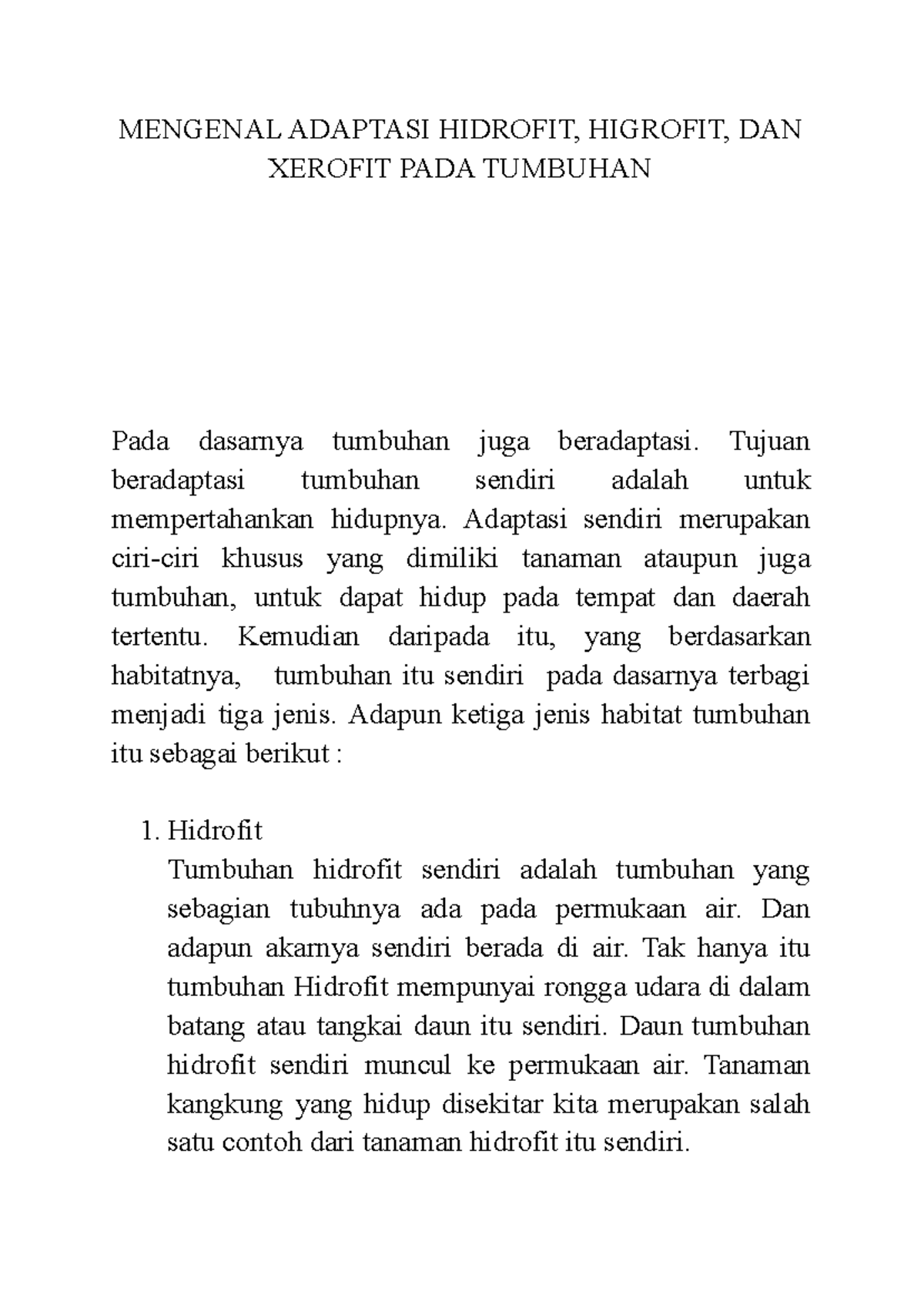 Mengenal Adaptasi Hidrofit, Higrofit, dan Xerofit pada Tumbuhan - Studocu