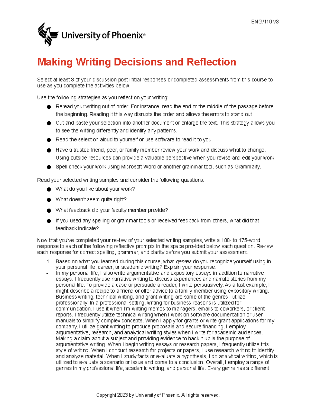 ENG/110 v5 Week 5: Reflecting on Writing Decisions and Skills - Studocu