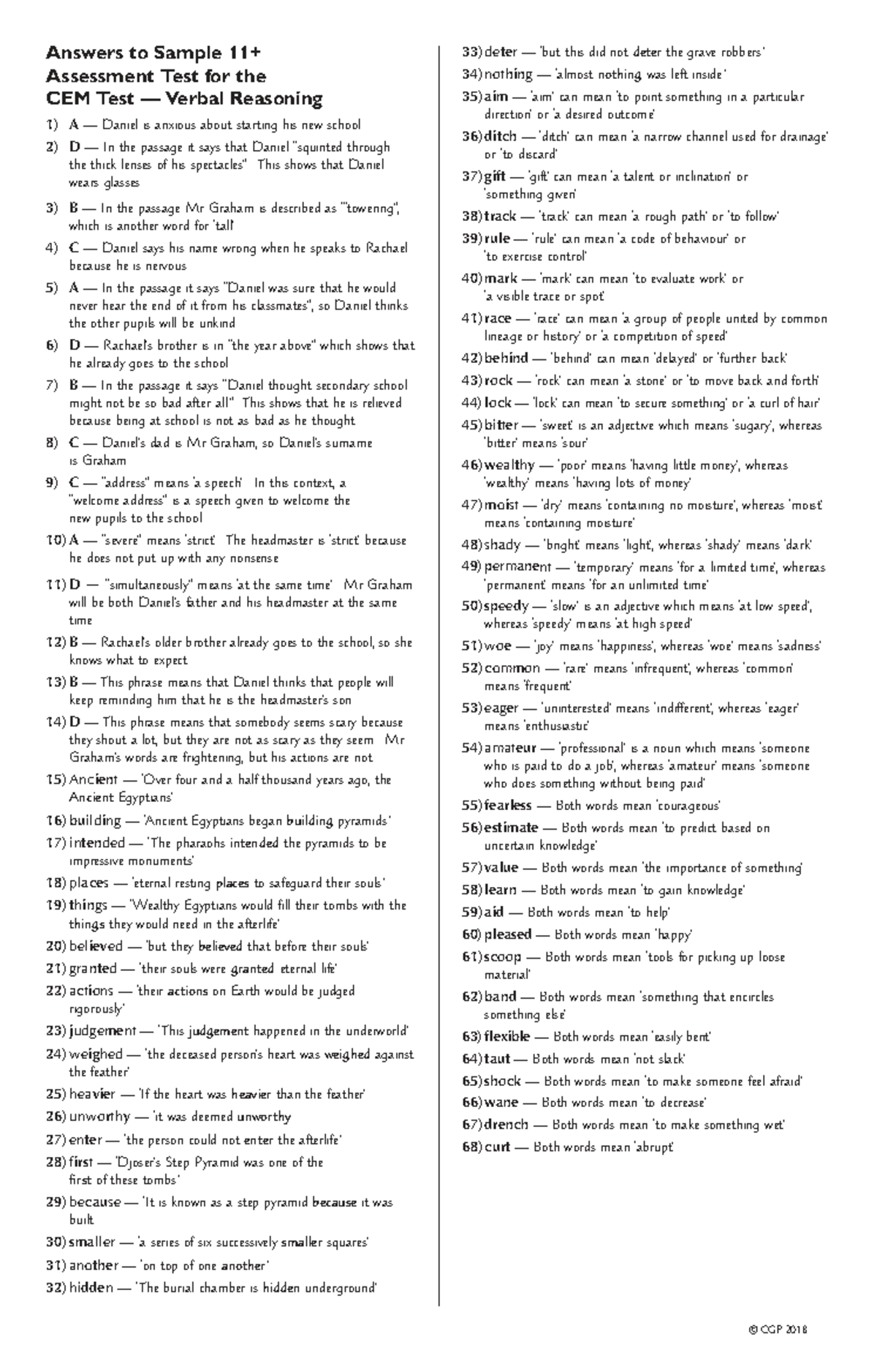 CGP 11+ CEM Verbal Reasoning Practice Test Answers & Explanations - Studocu