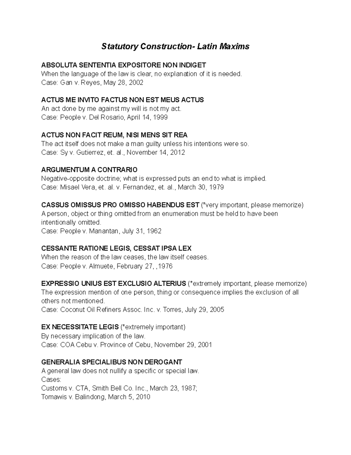 Latin Maxims in Statutory Construction - Stat Con Lecture Notes - Studocu