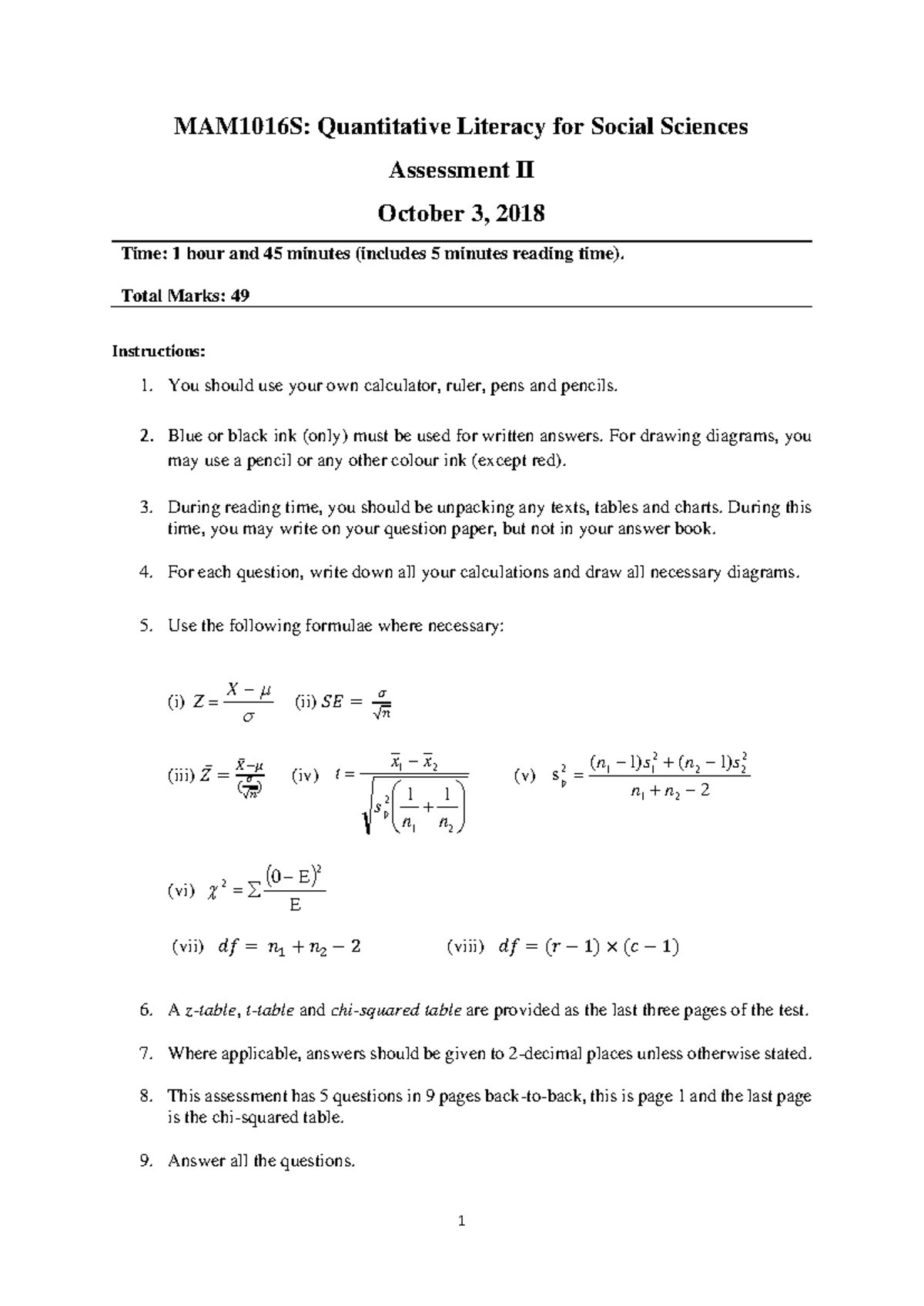 MAM1016S: Quantitative Literacy for Social Sciences Assessment II - Studocu