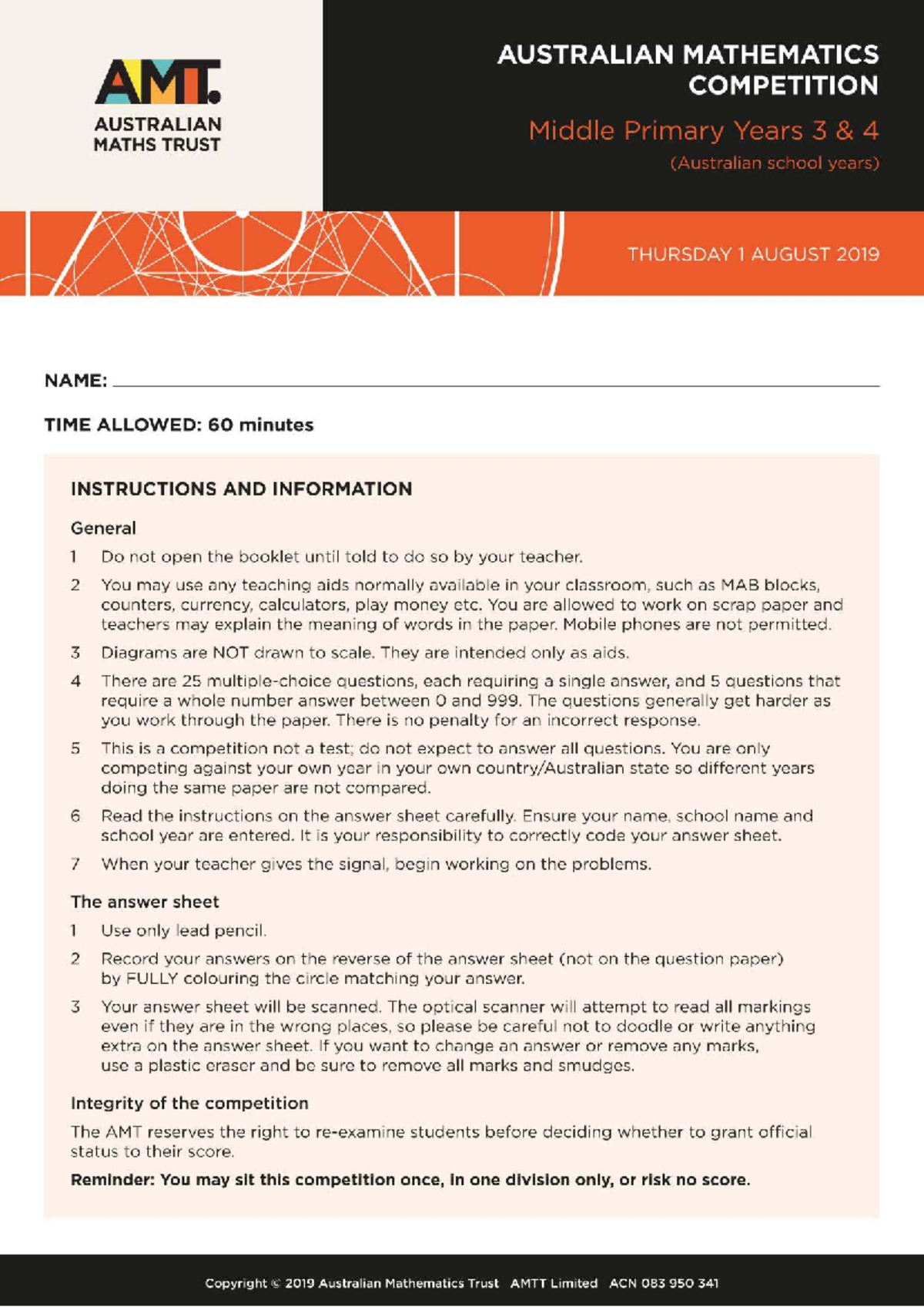 2019 AMC Middle Primary Competition Questions and Answers (Y3-4) - Studocu