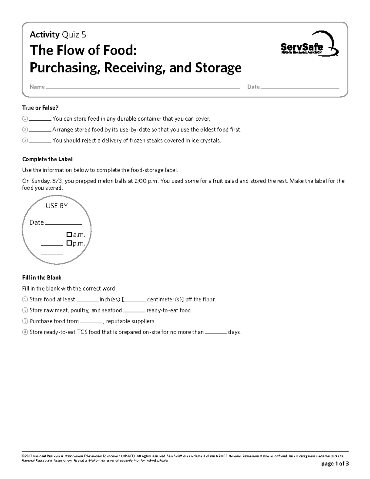 Activity Quiz 5: The Flow of Food - Purchasing, Receiving & Storage ...