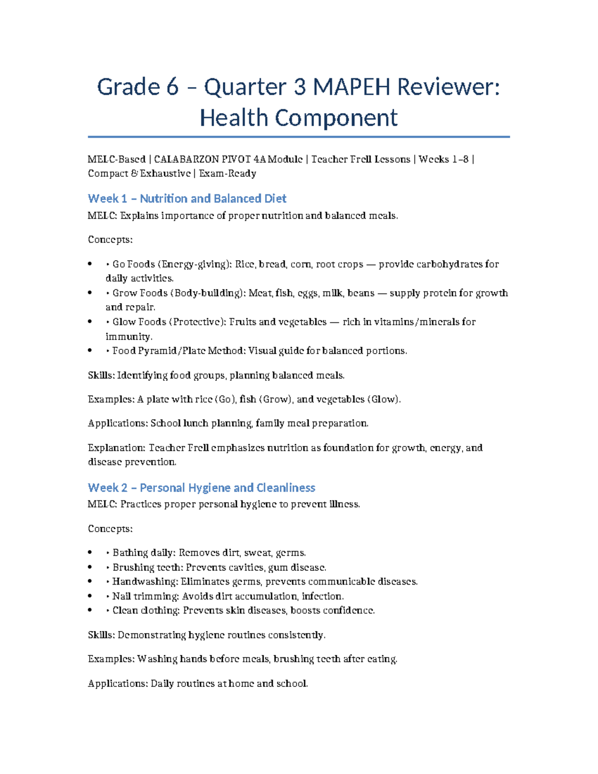 Grade 6 Q3 MAPEH Health Reviewer: Comprehensive Lessons and Skills ...