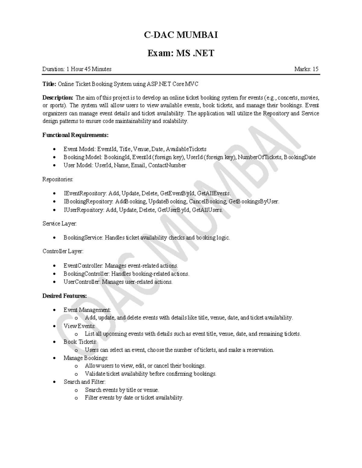 MS .NET Final Exam: Online Ticket Booking System Project - Studocu