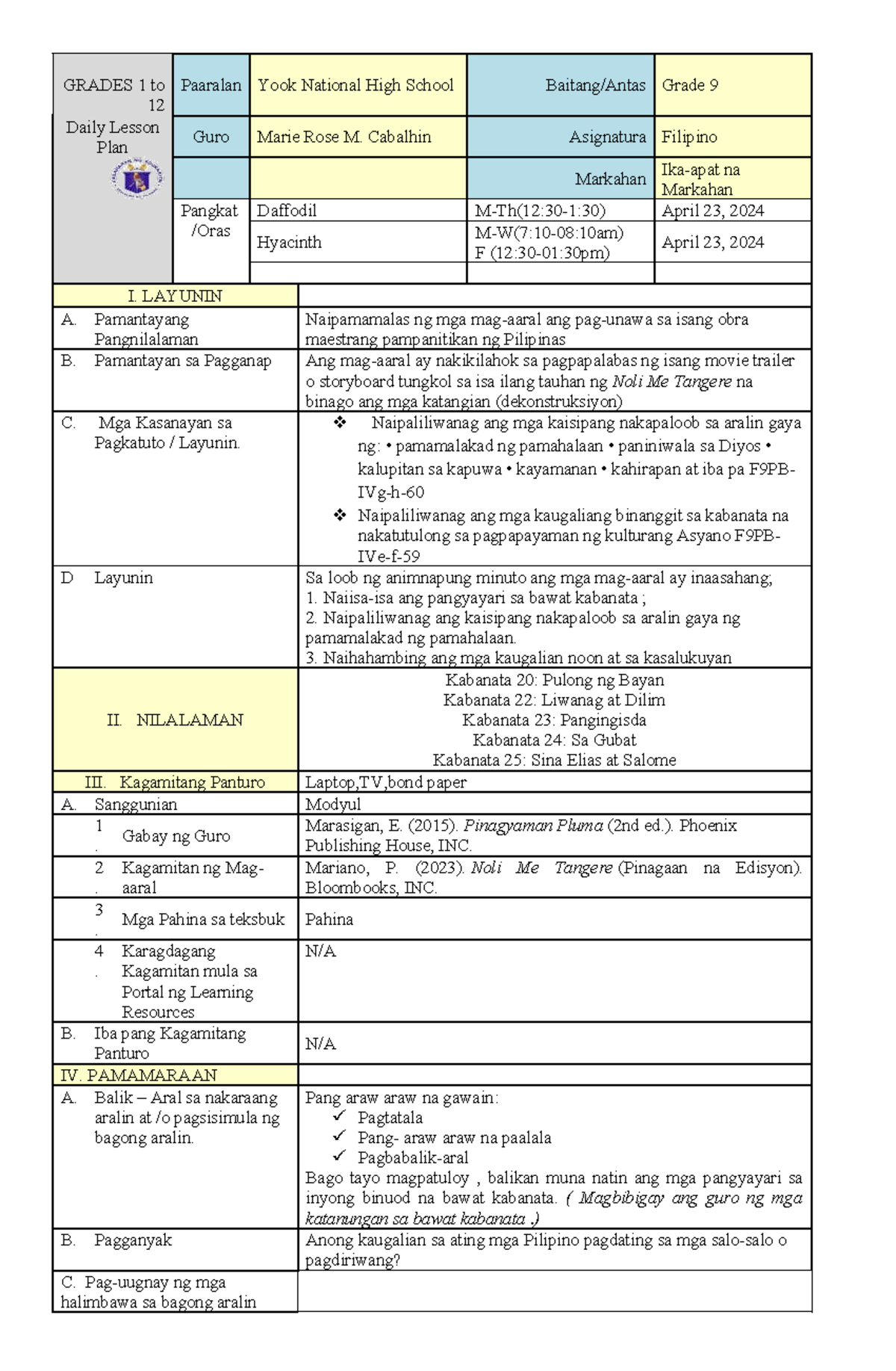 Grade 9 Filipino Daily Lesson Plan by Guro Marie Rose M. Cabalhin - Studocu
