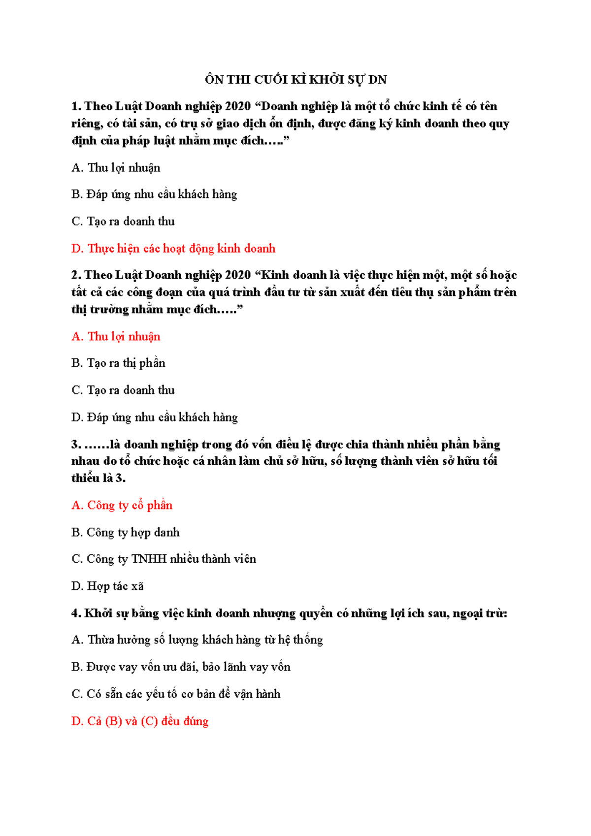 TRẮC NGHIỆM - ÔN THI CUỐI KÌ KSDN Khởi Sự Doanh Nghiệp - Studocu