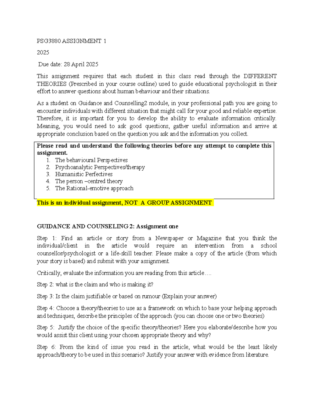 PSG3880 Assignment 1: Theories in guidance and counselling analysis - Studocu