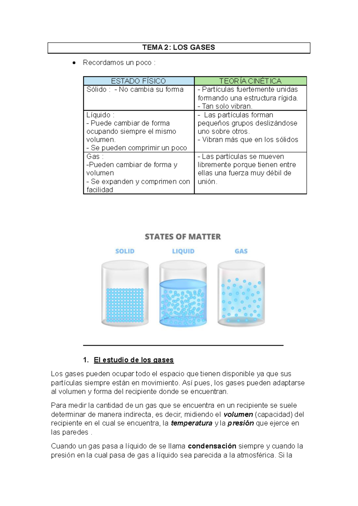 TEMA 2 (3 ESO) - RESUMEN DEL ESTUDIO DE LOS GASES - Studocu