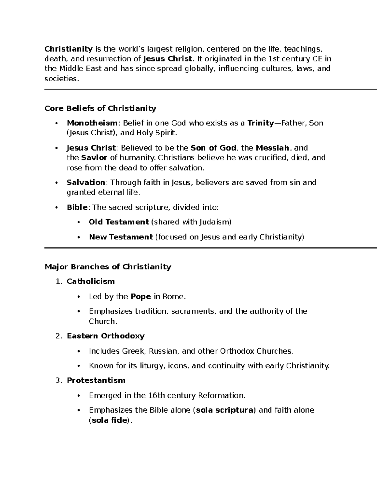 Christianity: Core Beliefs and Major Branches Overview - Studocu