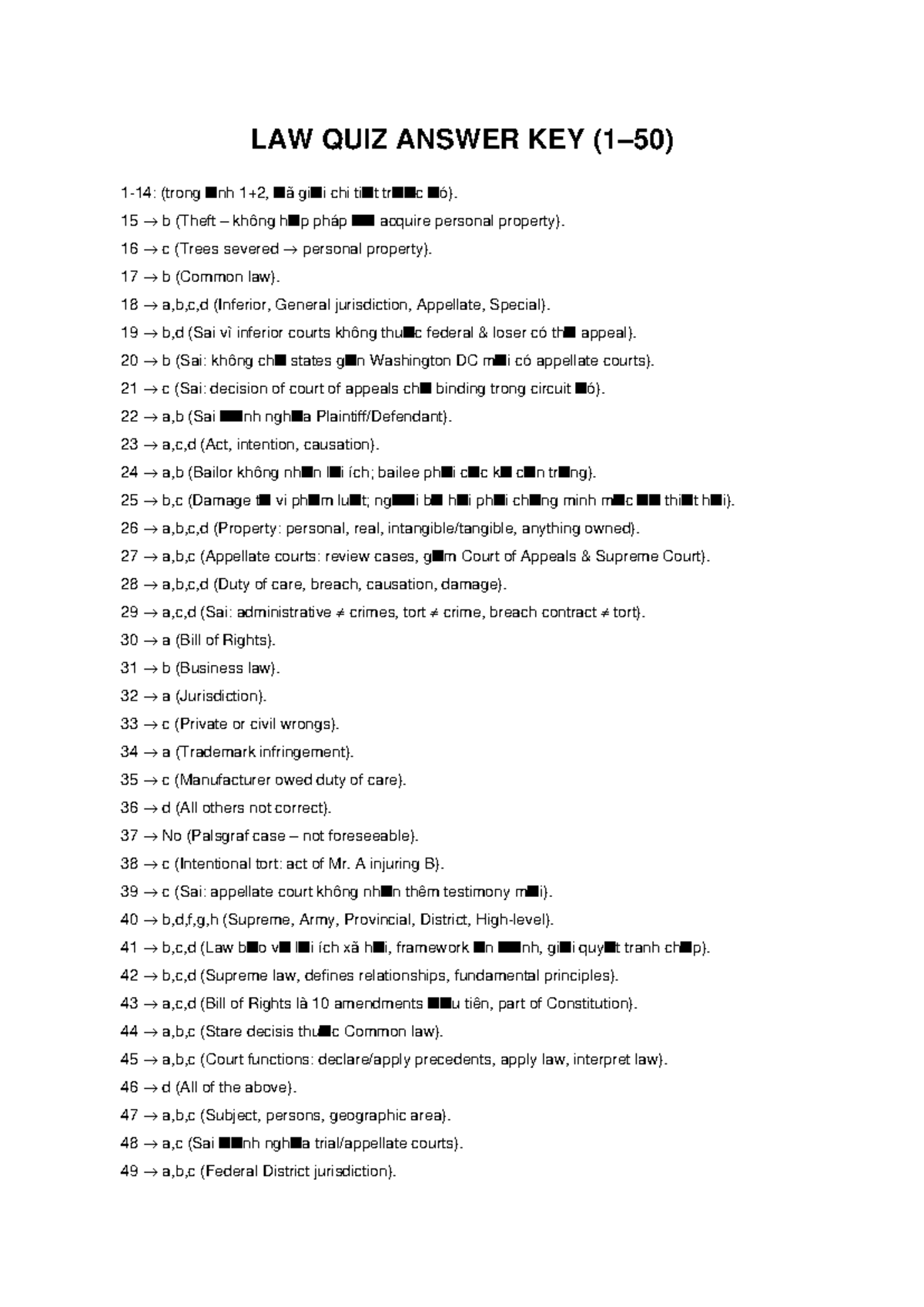 LAW 123 QUIZ ANSWER KEY: Theft, Jurisdiction, and Torts - Studocu